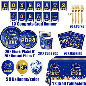 Graduation Decorations Class of 2024 Tableware Kit Blue and Gold Congrats Grad Plates and Napkins Disposable Graduation Party Supplies for Graduation Party Decorations (Blue)