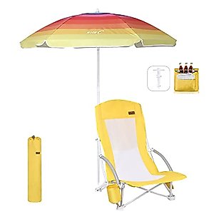 Nice C Beach Chair, Beach Chairs for adults with Umbrella and Cooler, High Back, Cup Holder & Carry Bag & Heavy Duty Compact Outdoor, Camping (One Yellow)