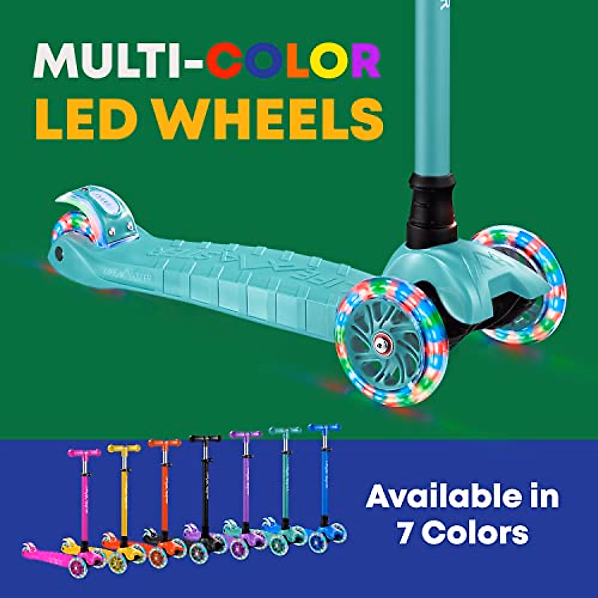 Kids Scooter – Children and Toddler 3 Wheel Kick Scooter – LED Wheel Lights Illuminate When Rolling– Adjustable Handlebar – Indoor and Outdoor Teal - Lifemaster