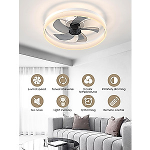ERYAHRT Low Profile Ceiling Fan with Light Remote Control, Semi Flush Mount Ceiling Fans with 5 Invisible Blades, Dimmable Led Ceiling Fan Reversible Blades Timing, White