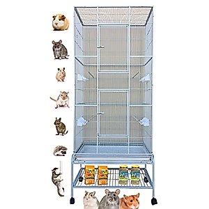 70" Extra Large Wrought Iron 3-Levels Ferret Chinchilla Sugar Glider Chewproof Cage Tight 1/2-Inch Bar Spacing with Removable Rolling Stand