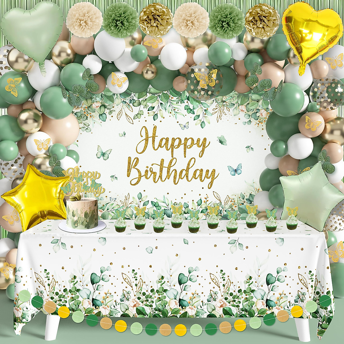 Sage Green Birthday Party Decoration Green Birthday Party Supplies for Boys Girls Happy Birthday Backdrop Tablecloth Balloon Arch Butterfly Stickers for Women Adult Birthday Decor Neutral Baby Shower