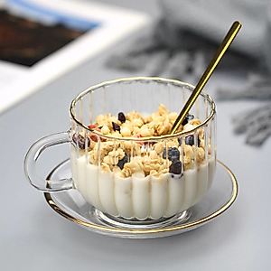 amokk Clear Glass Mugs Tea Cup and Saucer with Spoon for Coffee, Milk, Tea 15 Oz