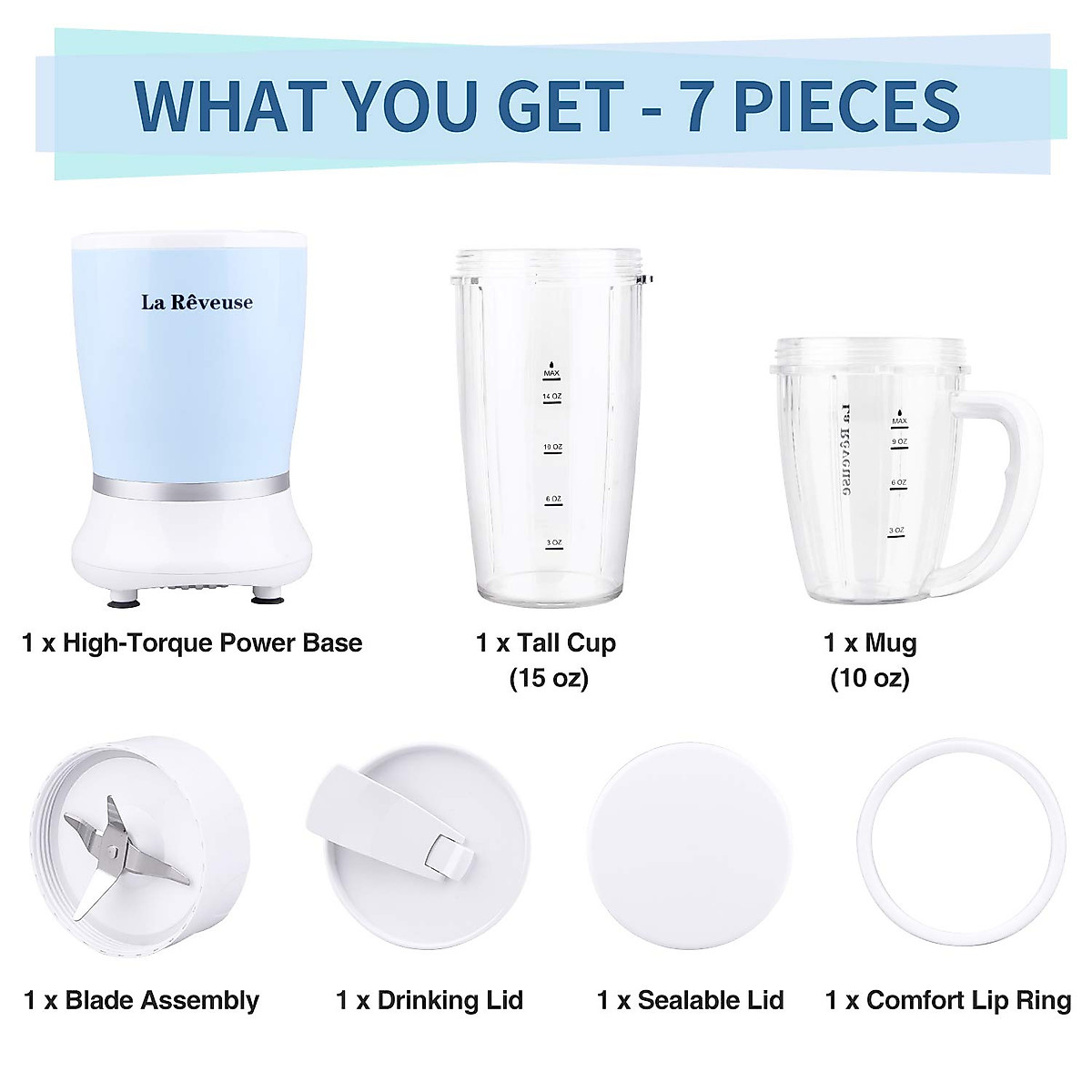 La Reveuse Personal Size Blender 250 Watts Power for Shakes Smoothies Seasonings Sauces with 1 Piece 15 oz Cup,1 Piece 10 oz Mug,BPA Free (Sky Blue)