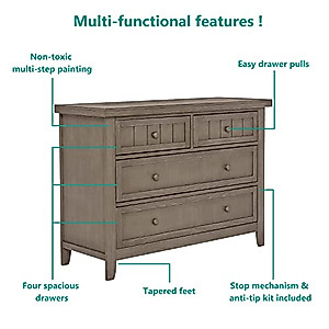 Dream On Me Maple Double Dresser I Kids Bedroom Dresser I Four Drawers Dresser I Farmhouse Modern, Oak Grey