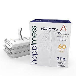 happimess HPM3000A-WHITE 7.9 Gallon Kitchen Drawstring Trash Bags, Trash Can Liner, White, 60-Count, 3-Packs of 20 Liners
