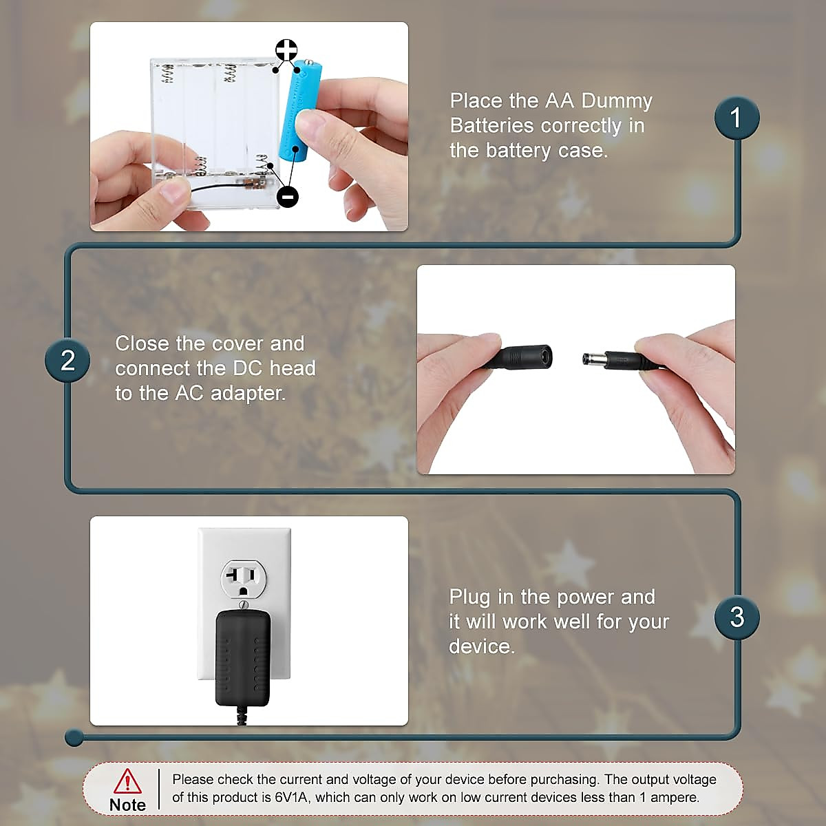 Lenink AC Power Supply Adapter for 4 AA Battery, AA Battery Replacement for LED Light, Decorations (Black, 1.8m/5.9ft)