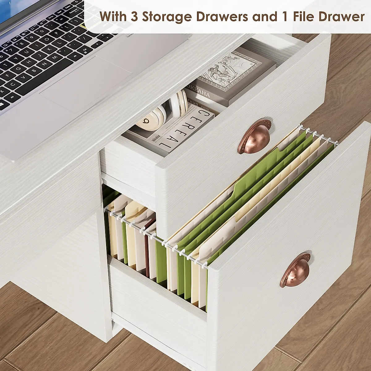 TTVIEW Computer Desk with USB Charging Port and Storage Drawers, Writing Study Table with Hutch Shelf and File Drawer, Executive Desk with 47" Wide Tabletop for Home Office Bedroom, White Oak