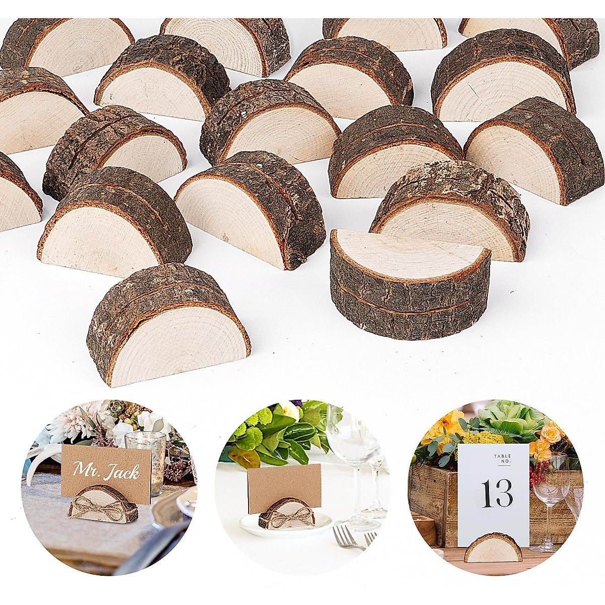20 Premium Wood Place Card Holders, Rustic Mini Table Number Holders with 20 Kraft Table Place Cards and 50 m Natural Jute Rope, Table Sign Stand, Name Card Photo Picture Holders for Wedding Party