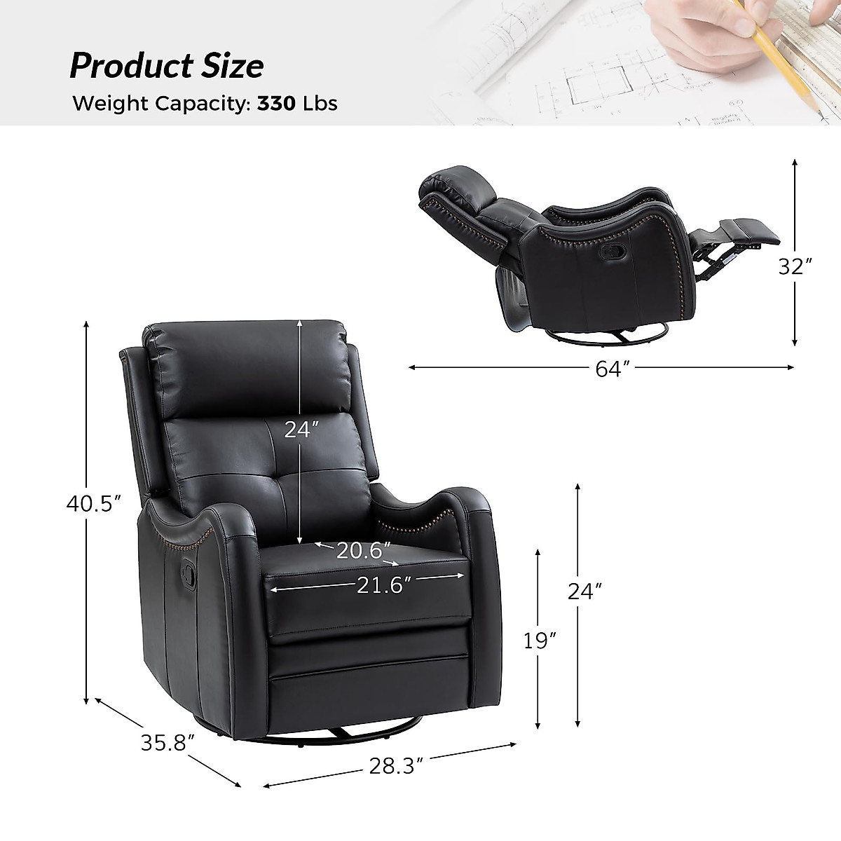 HULALA HOME Genuine Leather Swivel Rocker Recliner with Adjustable Backrest & Footrest, Manual Glider Reclining Chair for Living Room Bedroom, Home Theater Sofa Chair with 360° Swivel Base (Black)