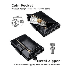 IamaCos Women Artificial Leather Wallets Compact Bifold Wallet RFID Blocking Card Holder Zipper Coin Purse 10 Card Slots 2 ID Windows Black