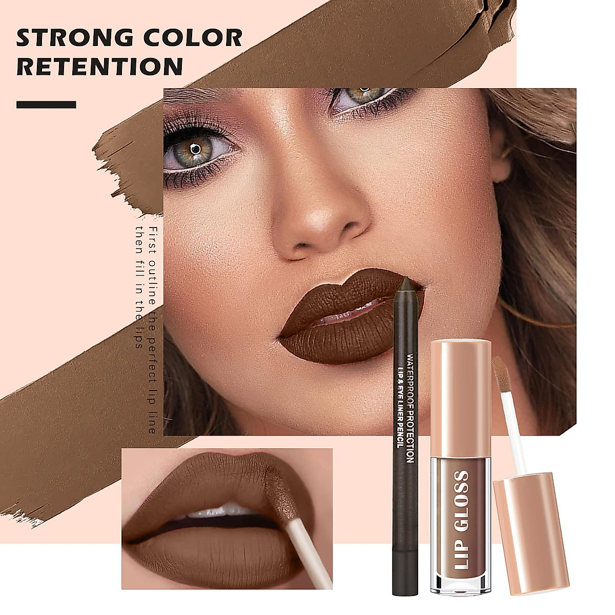 NewBang 3 Colors Dark Black Lipstick and Lipliner,Matte Liquid Lipstick Set,Black Brown Lip Stain Lip Gloss and Lip Liner Waterproof Longlasting Lip Halloween Christmas Makeup(6 pcs)