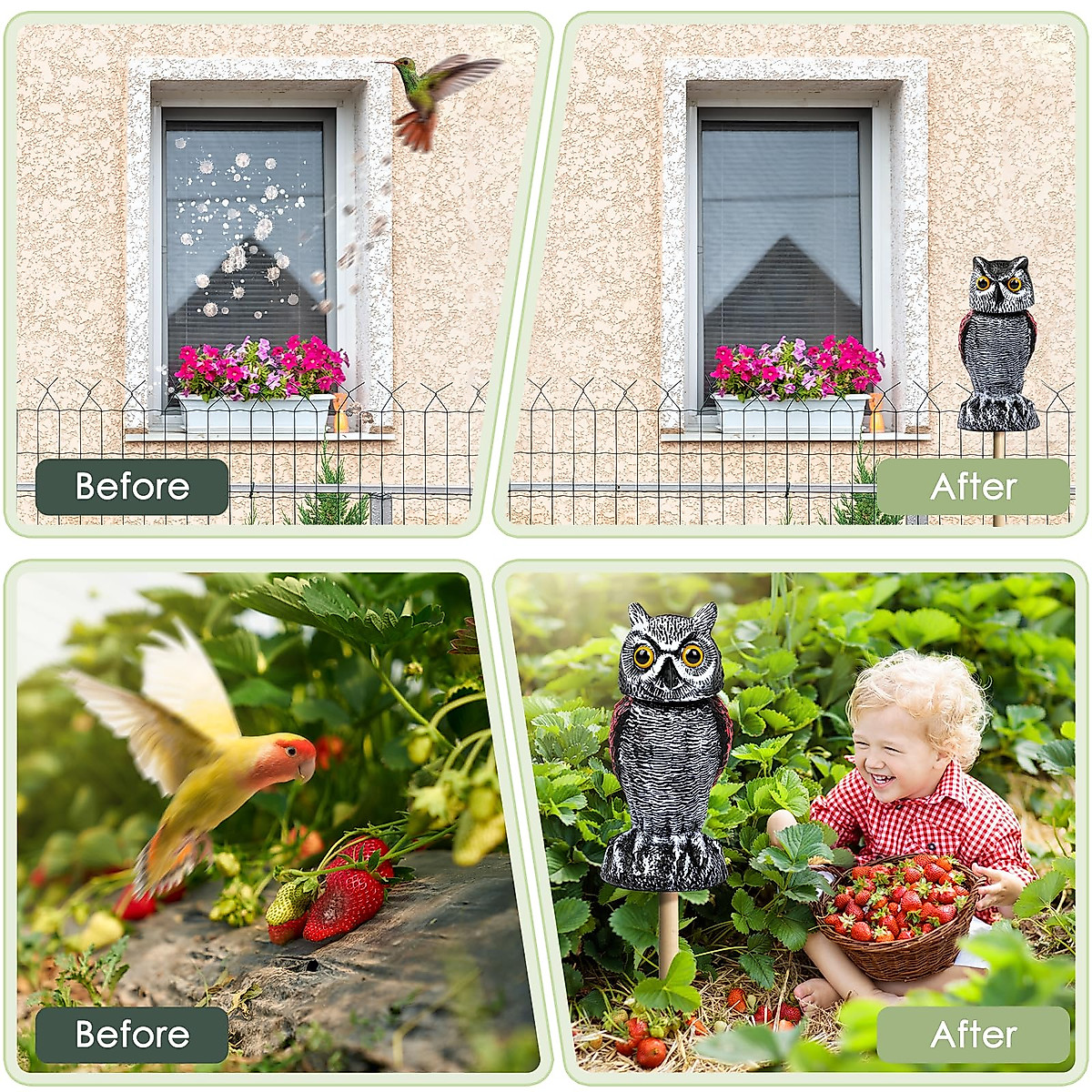 SETCADE Owl Decoy to Scare Birds Squirrels Away, Rotating Head Plastic Fake Garden Owl Statue, Halloween Decorations Outdoor, Owl Scarecrow Bird Deterrents for Outside Garden Orchard Courtyard 2 Pack