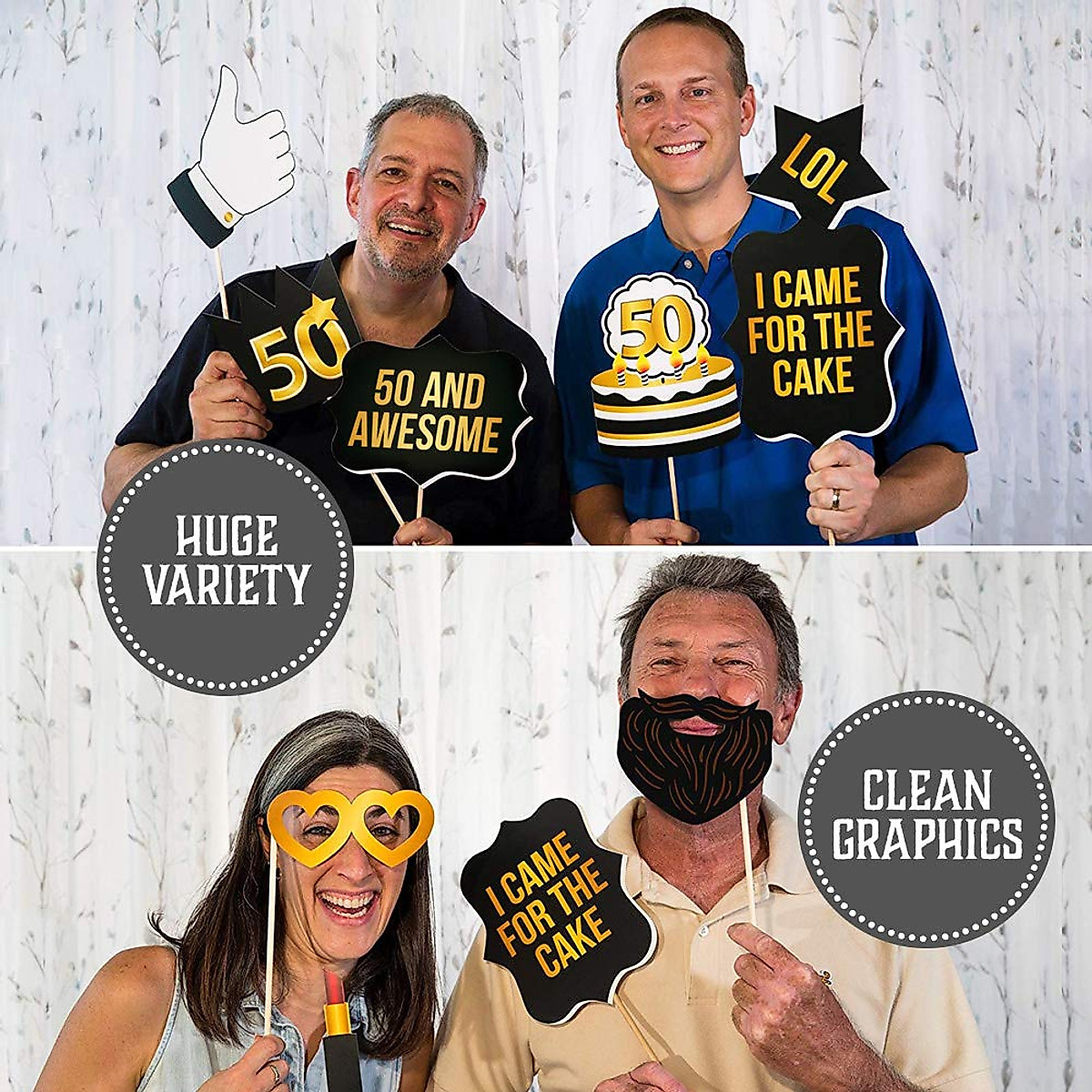 50th Birthday Photo Booth Props – Fabulous Fifty Party Decoration Supplies for Him &Her, Funny Fiftieth Bday Photobooth Backdrop Signs for Men and Women, Black and Gold Décor Ideas – 34 Pieces