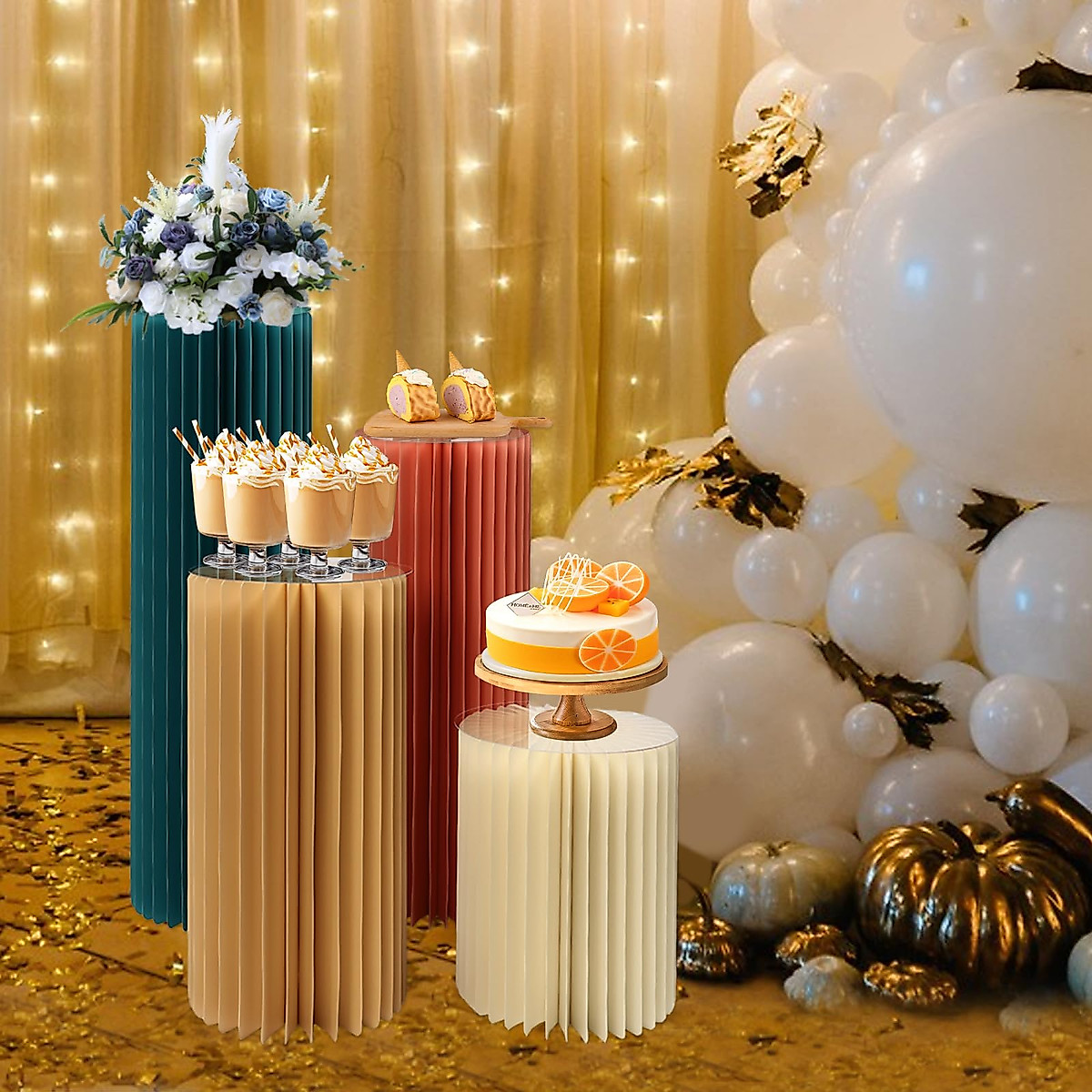 Foldable Paper Columns Display Pedestals Stands for Wedding Engagement Birthday Party Decoration Four Packs White Champagne Light Pink Blue