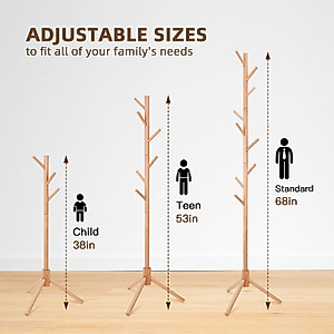 OOOK Solid Wooden Coat Rack Freestanding, Standing Coat Rack with 8 Hooks, 3 Height Options, Suitable for Kids and Adult, Coat Racks Free Standing for Bedroom Office Entrance Log Color