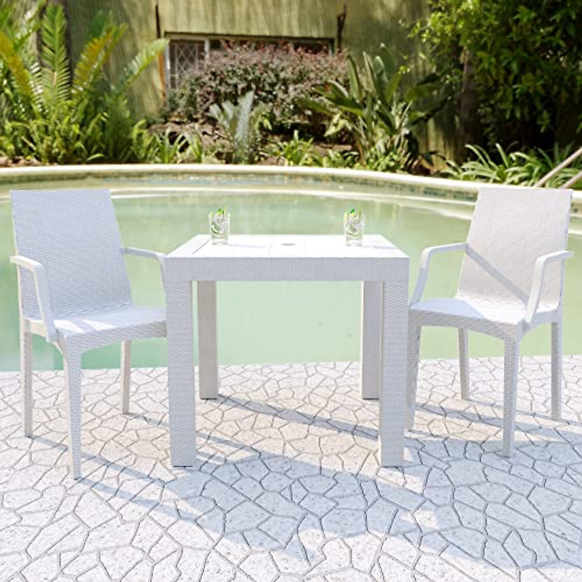 LeisureMod Hickory Weave Indoor Outdoor Patio Dining Side Armchair, Set of 2 (White)