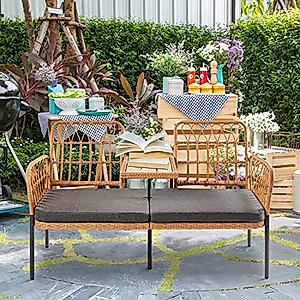 Leasbar Outdoor Patio Loveseat Rattan Conversation Furniture Set with Cushions Built-in Coffee Table for Garden Lawn Backyard Poolside