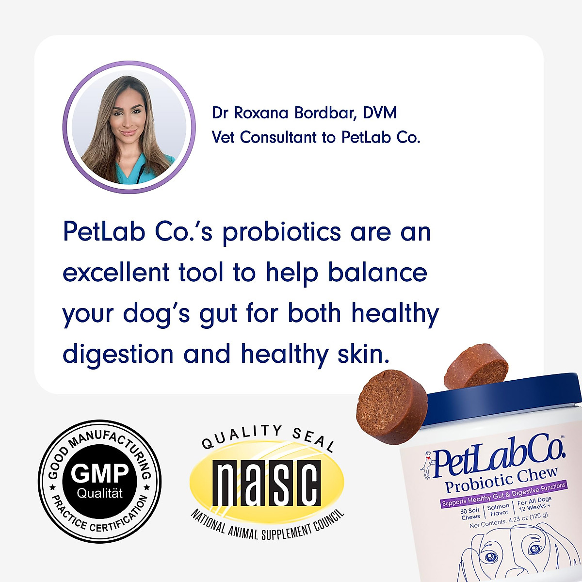 PetLab Co. Probiotics for Dogs, Support Gut Health, Occasional Diarrhea, Digestive Health & Seasonal Allergies - Salmon Flavor - 30 Soft Chews