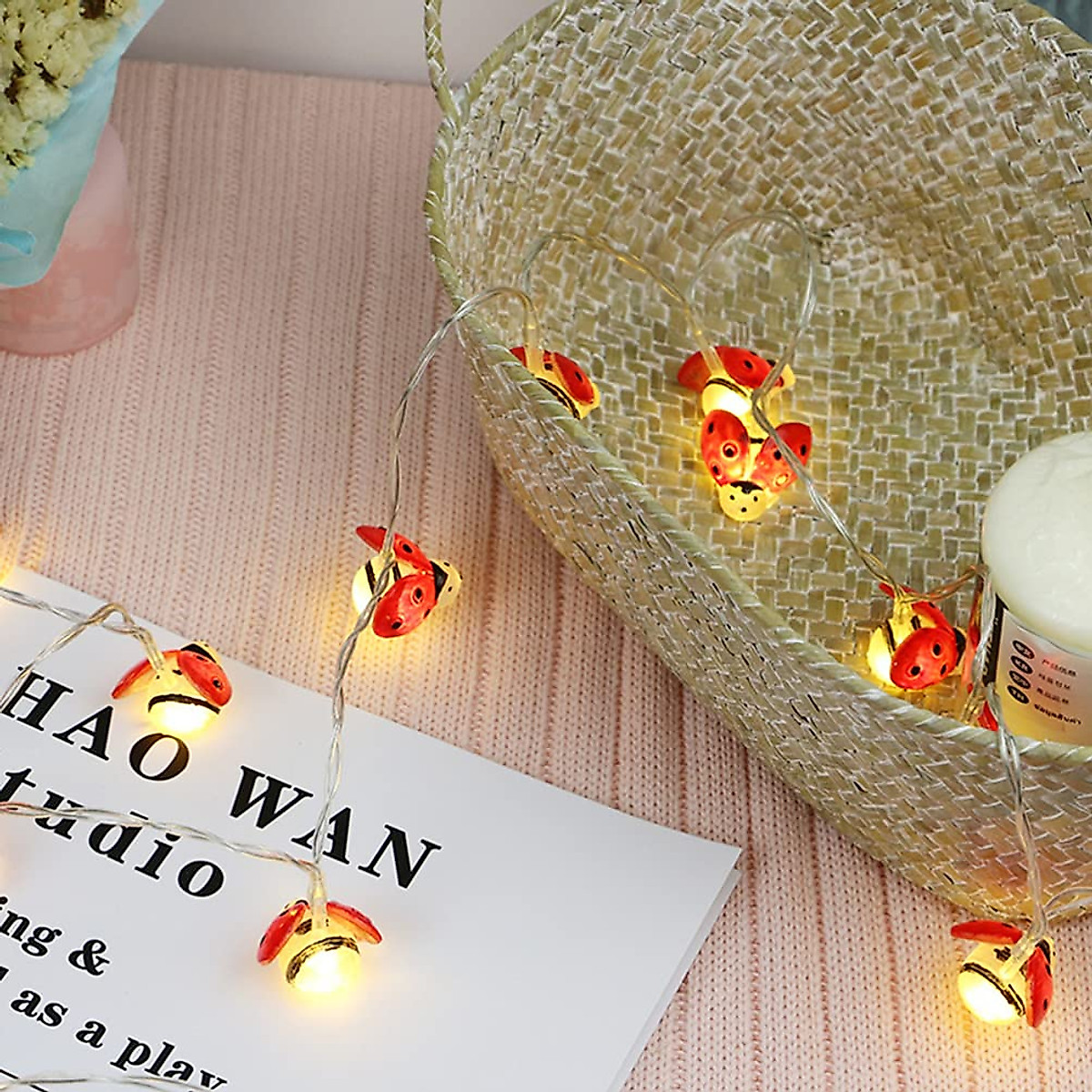 Uonlytech Solar Ladybugs String Lights Outdoor, 20LEDs Waterproof Animal String Light Copper Wire Red Ladybug Fairy Lights for Home Patio Garden Decoration