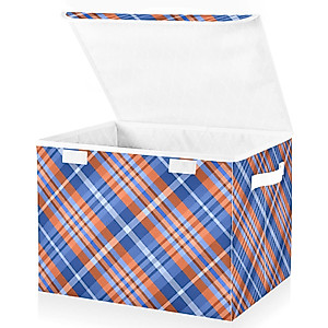 Kigai Orange Blue Plaid Storage Basket with Lid Collapsible Storage Bin Fabric Box Closet Organizer for Home Bedroom Office 1 Pack