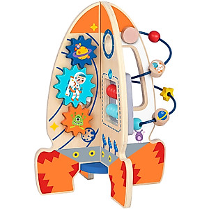 D DAKIN Rocket Toddler Wooden Activity Center Activity Cube Stand for 1 Year Old Boy Toys, Sensory and Educational Great First Birthday Gifts for Boys