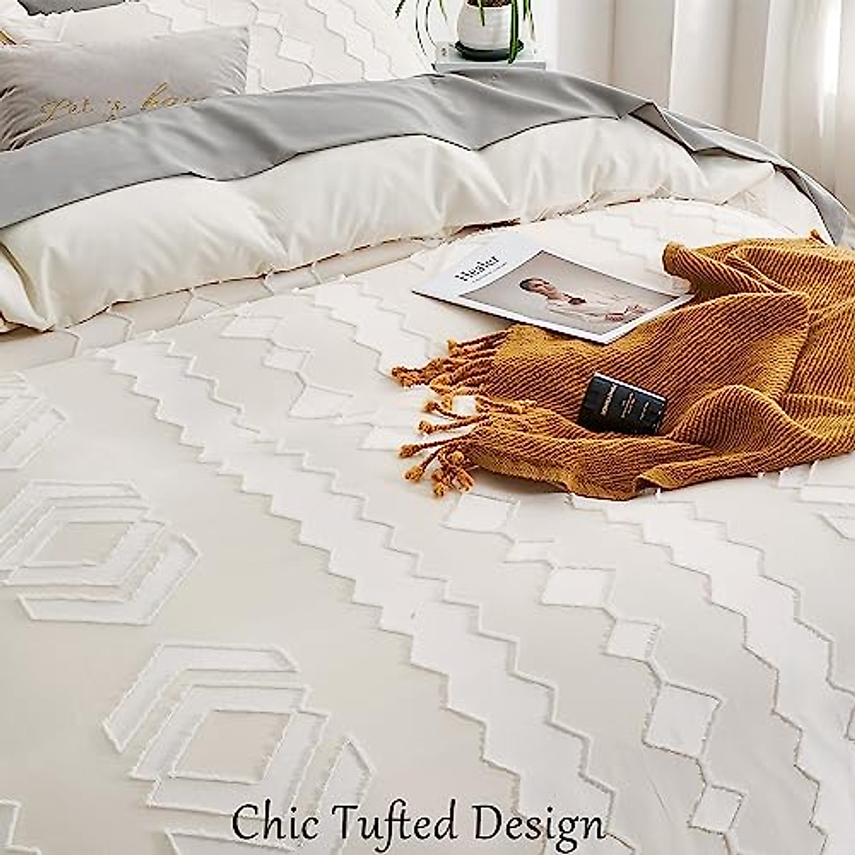 Senville White Duvet Cover Queen Size-Tufted Queen Duvet Cover Set,100% Microfiber Boho Duvet Cover,3PCS Soft and Breathable Textured Shabby Chic Bedding Set with Zipper Closure(White,Queen)