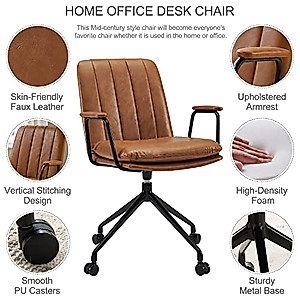 Art Leon Mid Century Modern Swivel Accent Chair, Home Office Desk Chair with Wheels, Faux Leather Armchair for Small Spaces, Yellow Brown