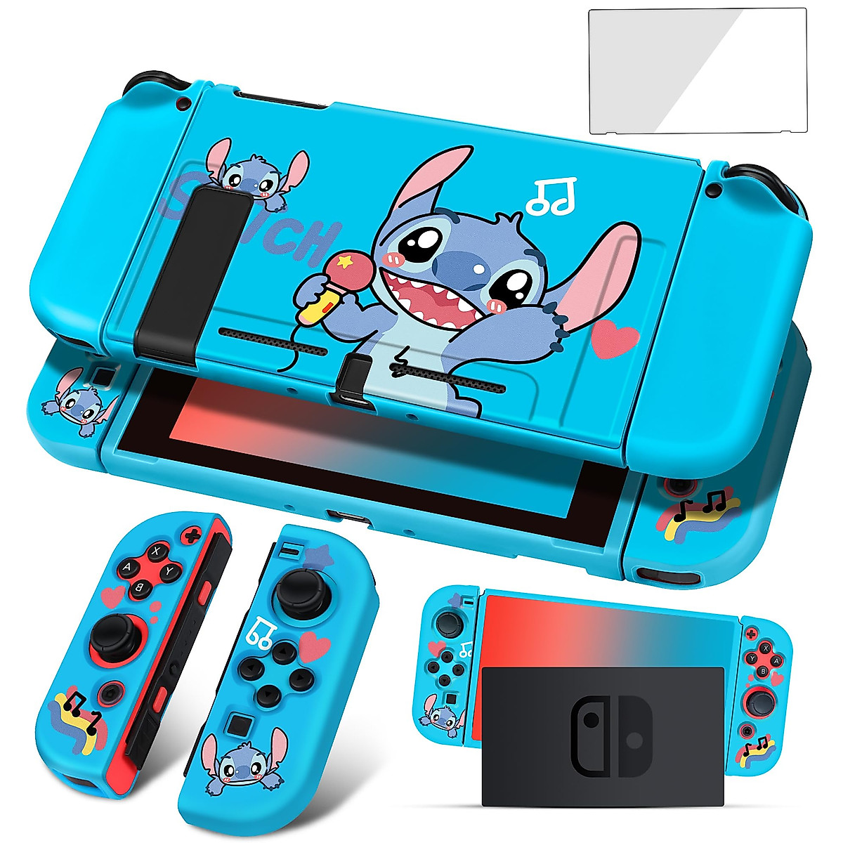 oqpa for Nintendo Switch Case Cute Kawaii Cartoon Design Cover, Fun Funny Switch Game Shell for Girls Kids Screen Protector Glass + TPU Soft Cases for Nintendo Switch (Blue Stitc)