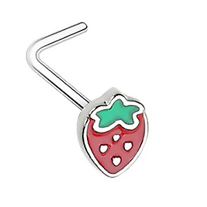 Body Accentz Nose Ring 20g 6mm Leafy Strawberry 316L Surgical Steel L Bend Stud