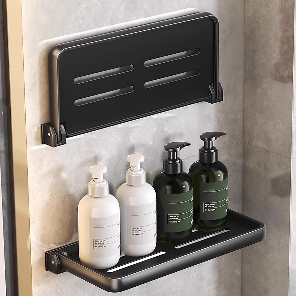 Generic Folding Bathroom Wall Shelf, Aluminum Fold Down Shelf, 90° Fold Up Wall Mounted Floating Shelves, Versatile RV Floating Storage Organization Panel Rack, Black, OMC4E6NKX2H2L0476