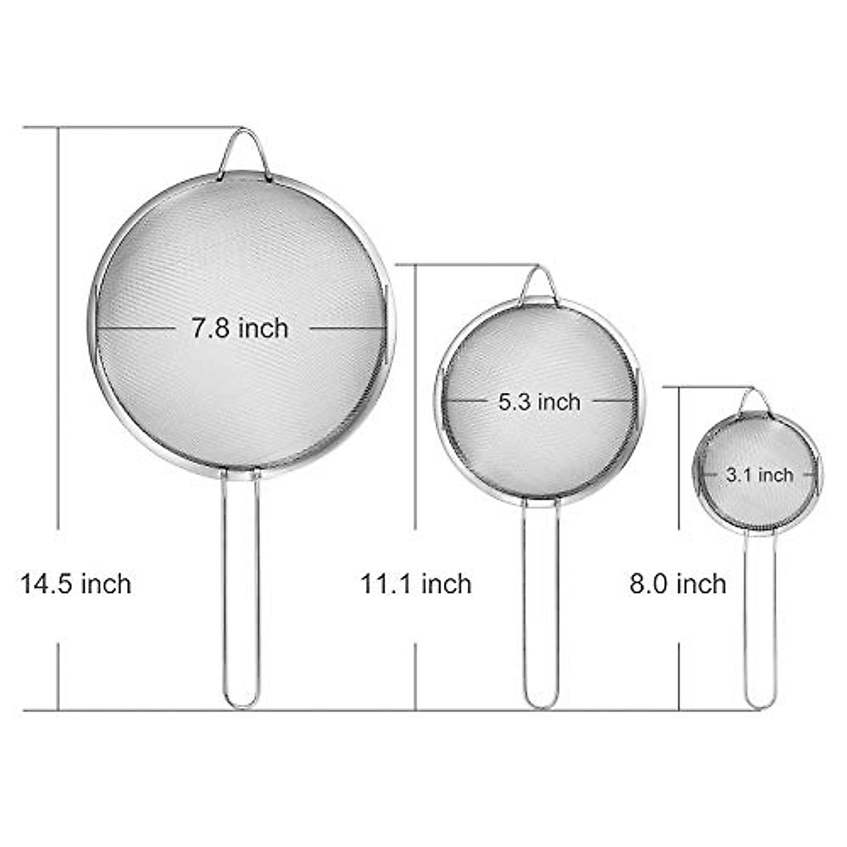 Yqlinnn Stainless Steel Fine Mesh Strainer, Set of 3 Fine Mesh Strainer for Kitchen, Use for Tea, Flour, Rice, Juice, Vegetable, Etc, 3.15", 5.51", 7.88", Silver