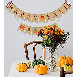 JOZON Happy Fall Burlap Banner Happy Fall Bunting Banner Garland with Pumpkins Maple Leaves Acorn Sign for Autumn Party Decorations Thanksgiving Fall Harvest Decor for Mantle Fireplace Wall