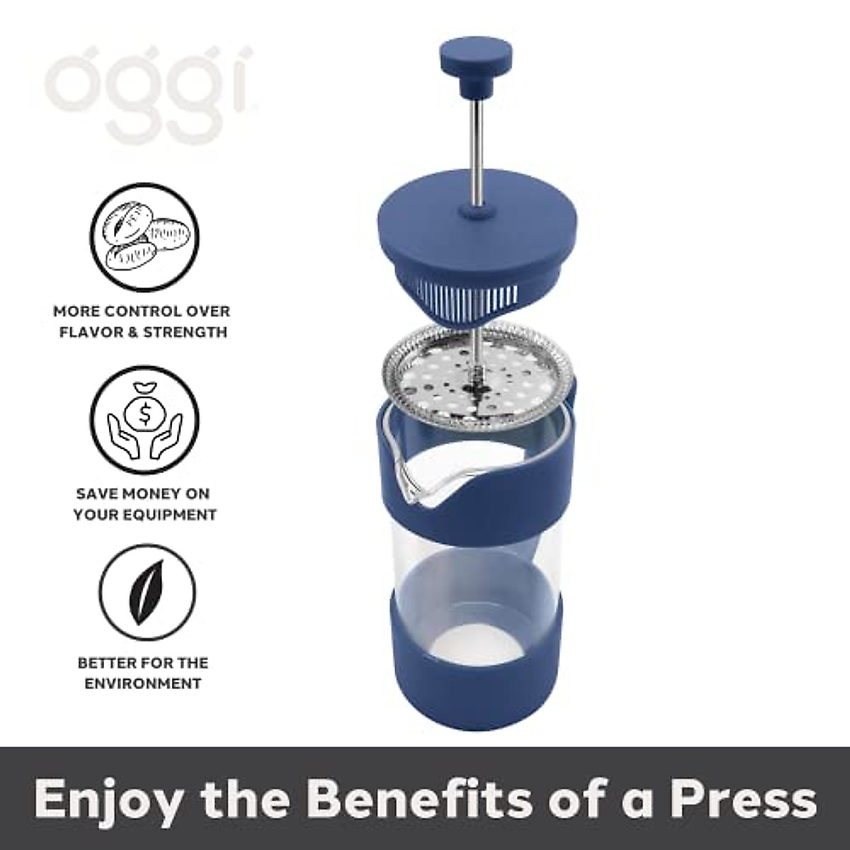 Oggi French Press Coffee Maker (12oz)- Borosilicate Glass, Coffee Press, Single Cup French Press, 3 cup Capacity, Blue