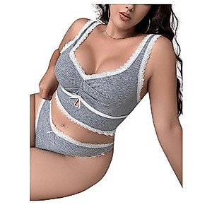 WDIRARA Women's Plus Size Lace Trim Ruched Underwire Lingerie Set Bralette and Panty Set Grey 3XL