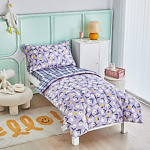 100% Cotton 4 Pieces Purple Floral Toddler Bedding Set with Yellow and White Flowers Includes Adorable Quilted Purple Comforter, Plaid Fitted Sheet, Top Sheet, and Pillow Case for Boys Girls