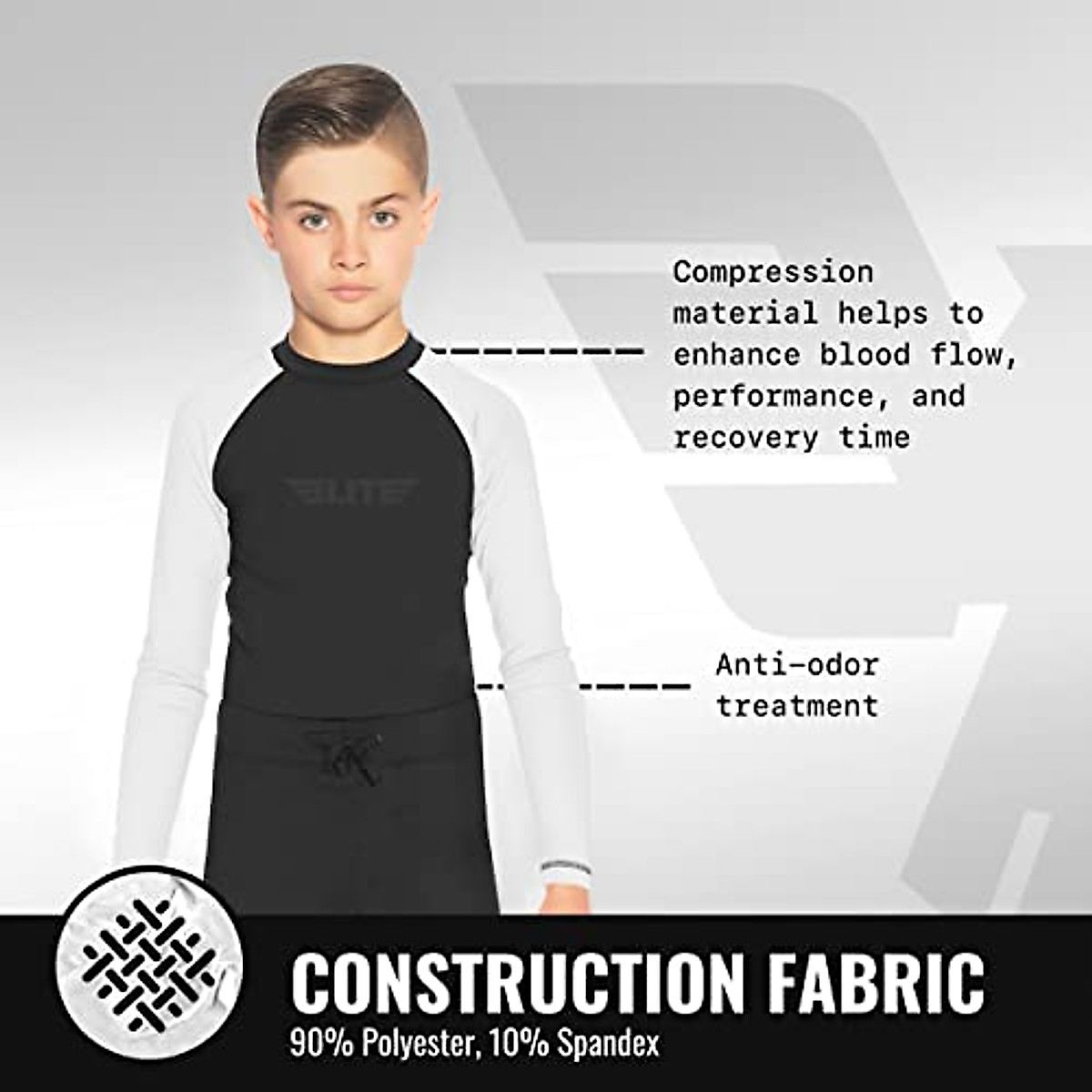 Elite Sports Rash guards for boys and girls, full sleeve compression BJJ kids and youth rash guard (White, Large)