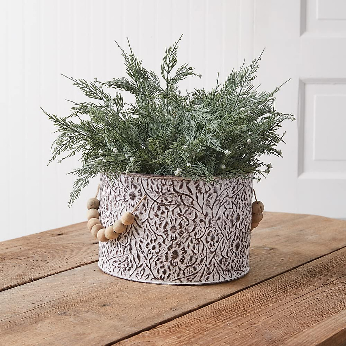 CTW Home Collection 370679 Wildflowers Stamped Metal Bucket with Wood Bead Handles, 9-inch Diameter