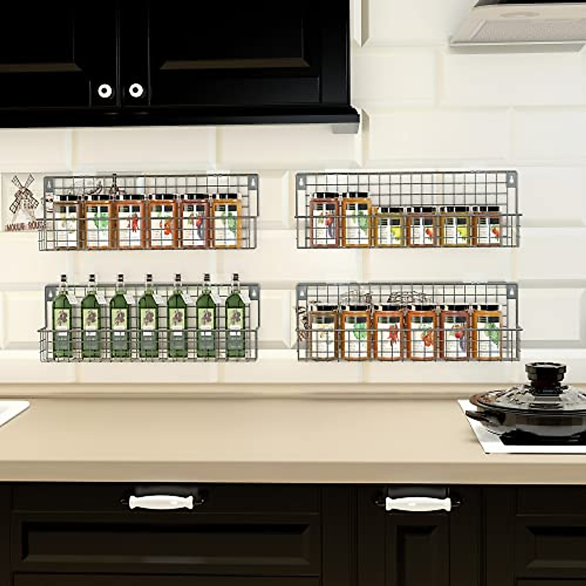 meluke Wall Mounted Spice Rack Organizer for Cabinet Door, 4 Tier Metal Hanging Seasoning Jar Storage Rack Condiment Bottle Organizer Holder Rack for Kitchen, Cabinet, Cupboard, Pantry Door (Black)