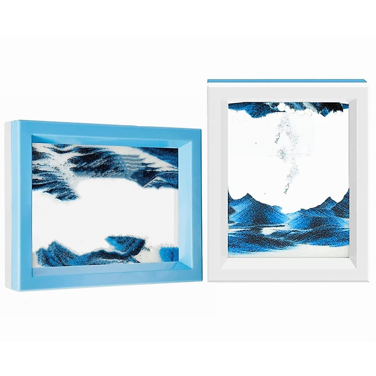 FUNJIA Moving Sand Art Picture, 3D Deep Sea Sandscape in Motion Display, Flowing Sand Art Decor for Sensory Calming Fidget, Desktop Home Office Work Decor (Blue)