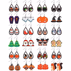 Tigeen 24 Pairs Festival Wood Cute Painted Holiday Wooden Teardrop Dangle for Gift(Pumpkin, Snowman)