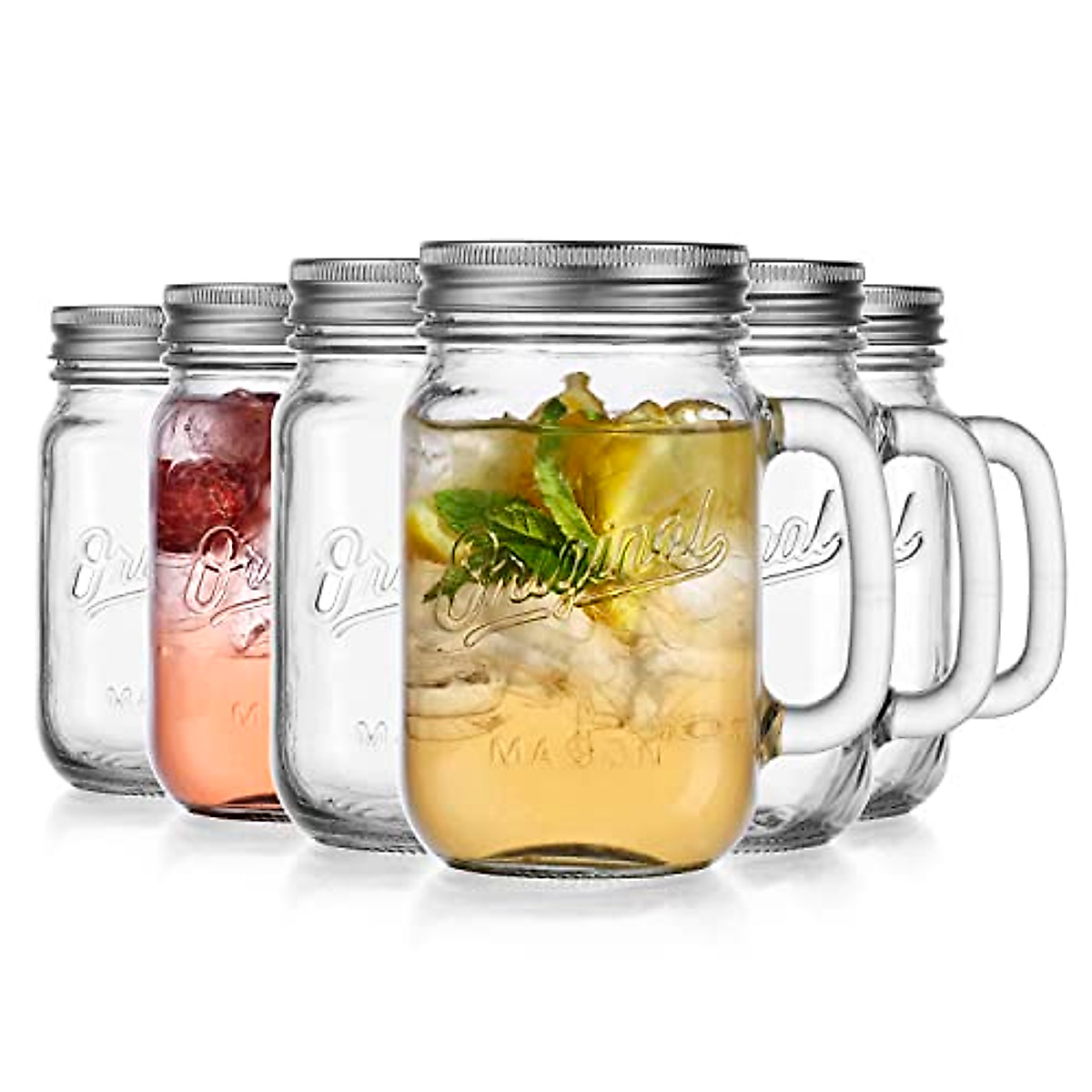 Glaver's Mason Jar 16 Oz. Glass Mugs with Handle and Lid Set Of 6 Old Fashioned Drinking Glass Bottles Original Mason Jar Pint Sized Cup Set.