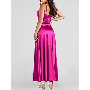 ANRABESS Women Formal Satin Spaghetti Strap Cowl Neck Bodycon Slit Prom Cocktail Maxi Dress Evening Party Rose X-Large
