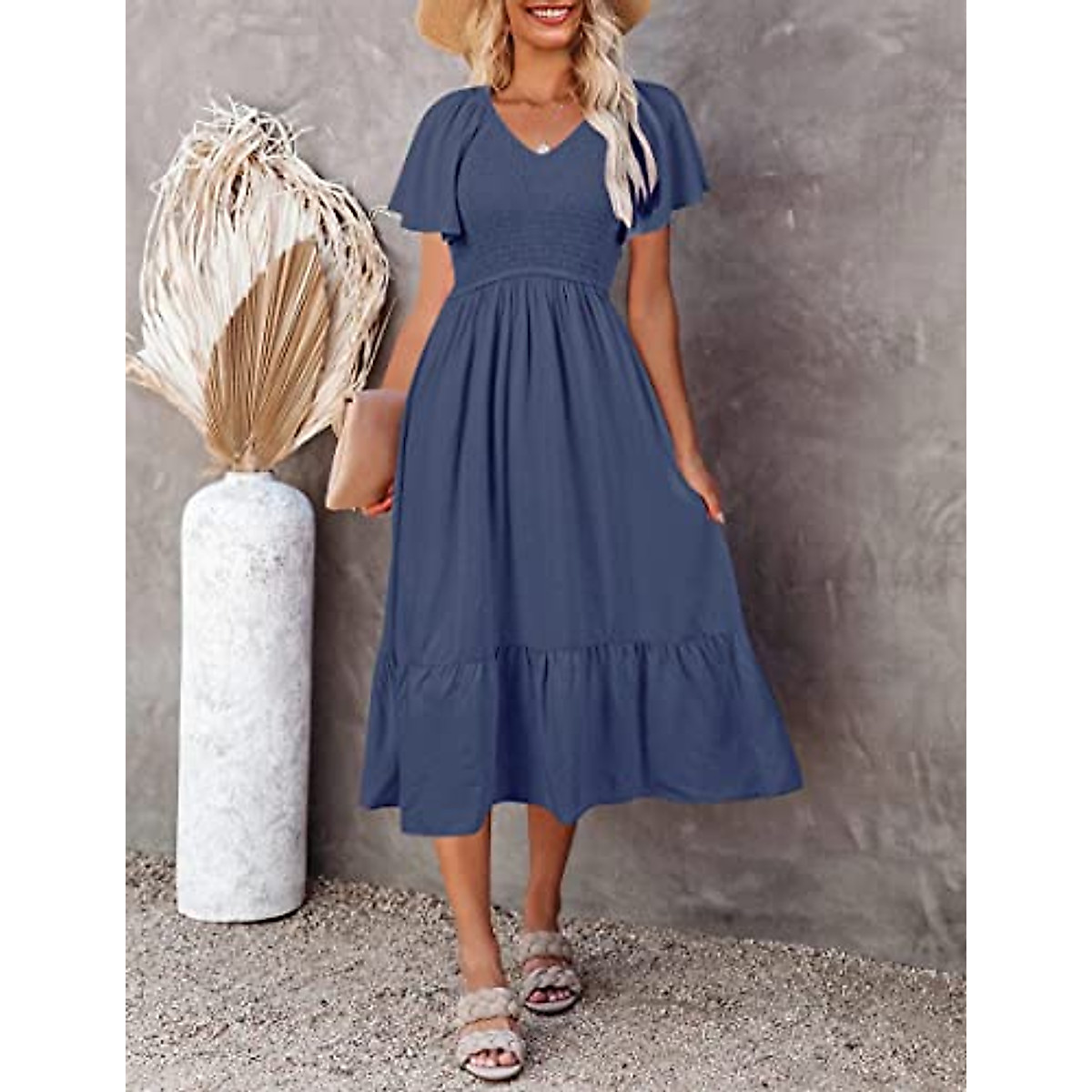 MEROKEETY Womens V Neck Smocked Midi Dress Ruffle Sleeve Elastic Waist Flowy Dress with Pockets, Dustyblue, S