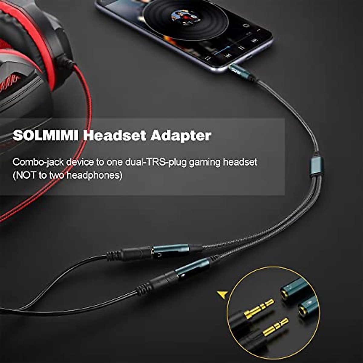 SOLMIMI Headset Adapter, 3.5mm Headphone Mic Splitter CTIA TRRS Male to Dual TRS Female Y Audio Microphone Splitter Cable for Gaming Headset to PC, Laptop, Smartphone, PS4, Xbox, Computer - 1 Feet