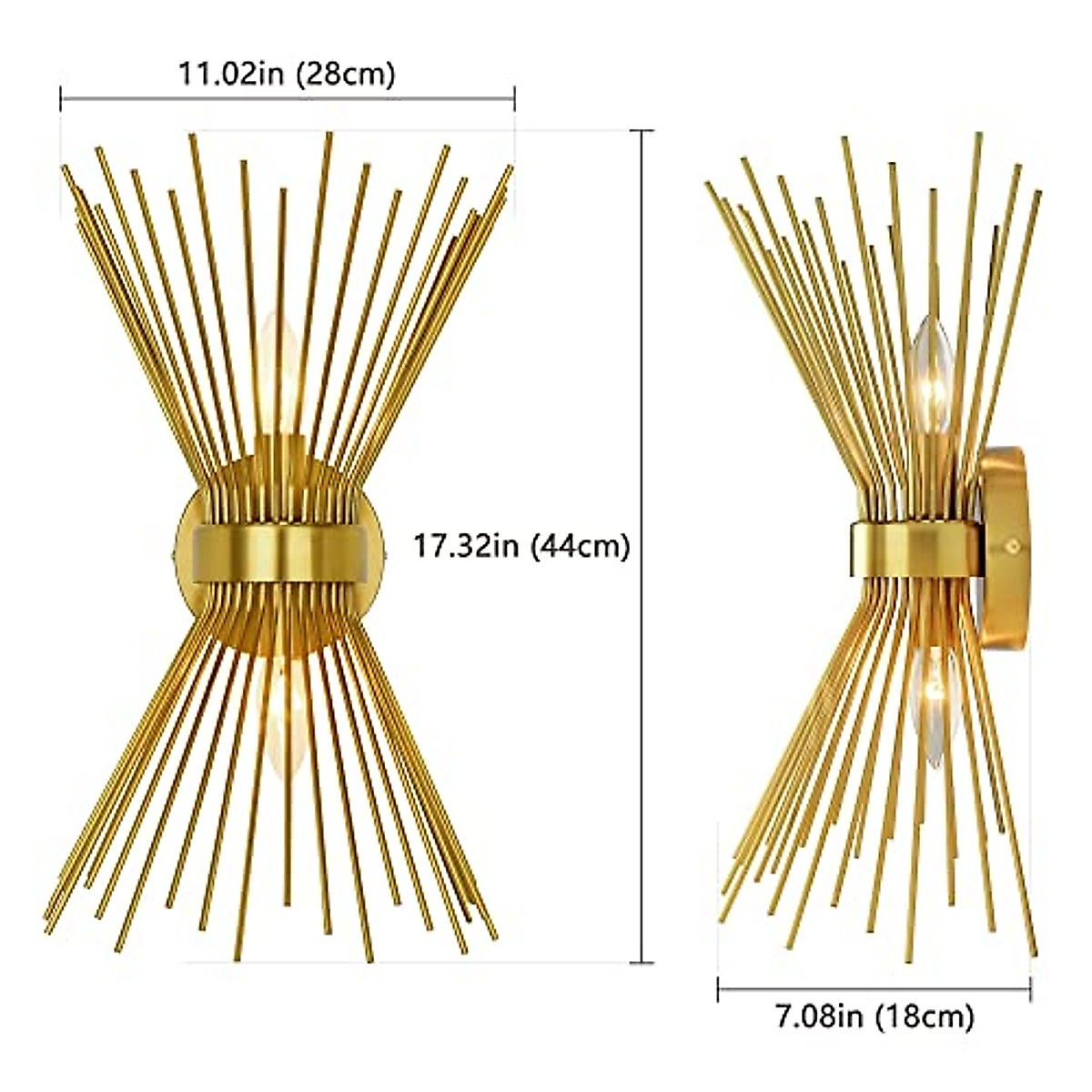 Henveton Brass Mid Century Wall Sconce Sunburst 2-Light, Modern Gold Vanity Light Wall Mount Lamp Industiral Indoor Lighting Fixture for Bathroom, Makeup Vanity, Bedroom, Living Room, Pack of 1