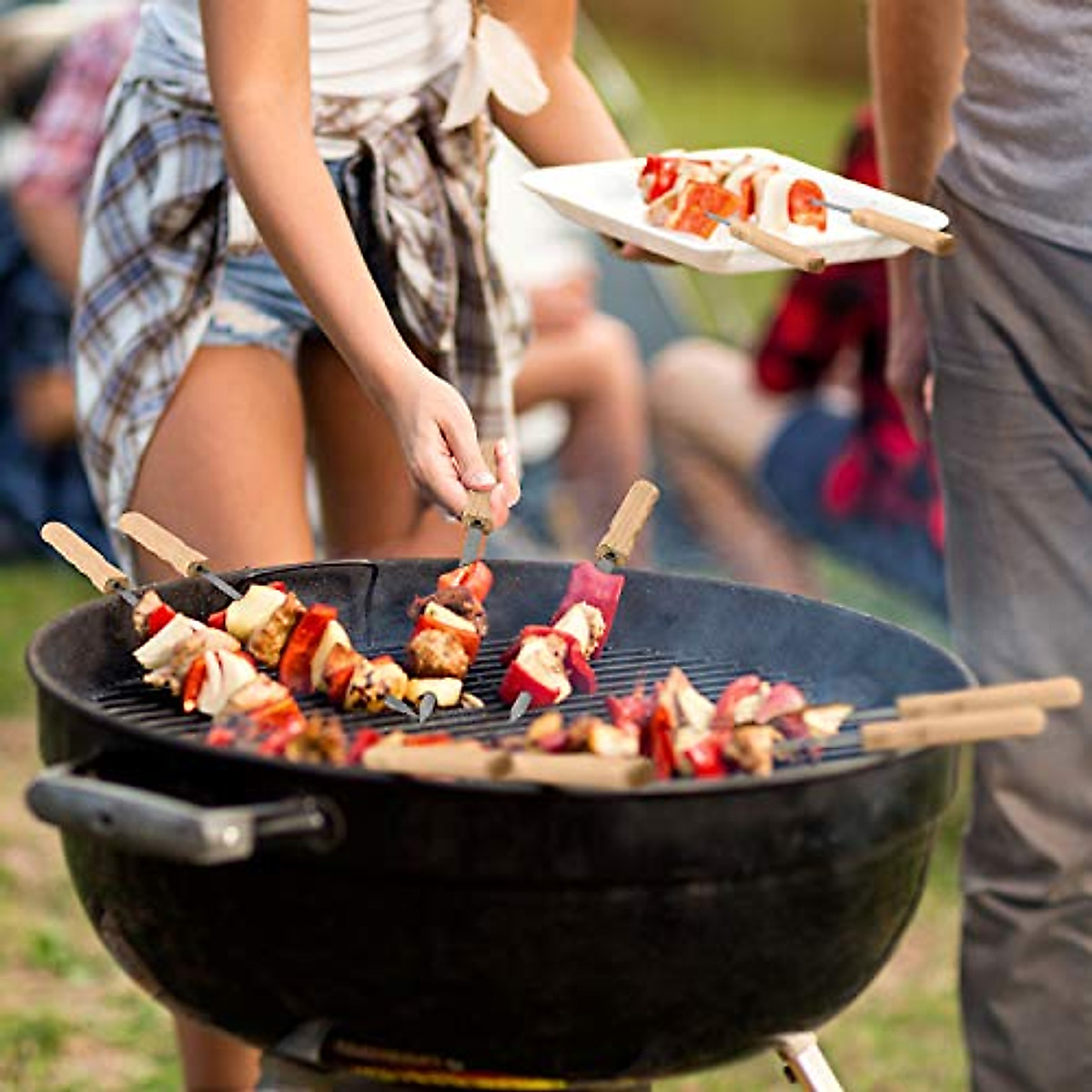 Blue Donuts 17 Inch Brazilian Skewers for Grilling - 12 Pack of Kabob Skewers, Stainless Steel Skewers with Comfortable Grip Wooden Handle, BBQ Grilling Accessories