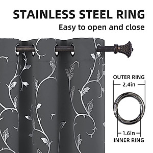 BUHUA Blackout Curtain for Living Room, Grommet Top Black Out Drape, Silver Vine Print Thermal Insulated Room Darkening Curtains 2 Panels for Bedroom (38 x 96 Inch, Dark Grey)
