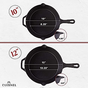 Cuisinel Cast Iron Skillets Set - 10" + 12"-Inch Pre-Seasoned Frying Pans + Removable Silicone Handle Holder Grips + Pan Scraper - Oven-Safe Cookware Kit + Accessories + Handle Helper