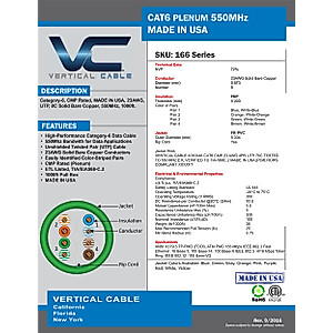 Vertical Cable CAT6, 550 MHz, UTP, 23AWG, 8C Solid Bare Copper, Plenum, 1000ft, Bulk Ethernet Cable - Made in USA, Blue